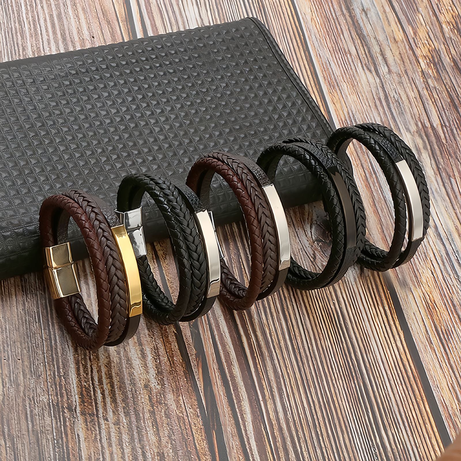 Geometric Bar Layered Leather Bracelet for Men | Modern Braided ...